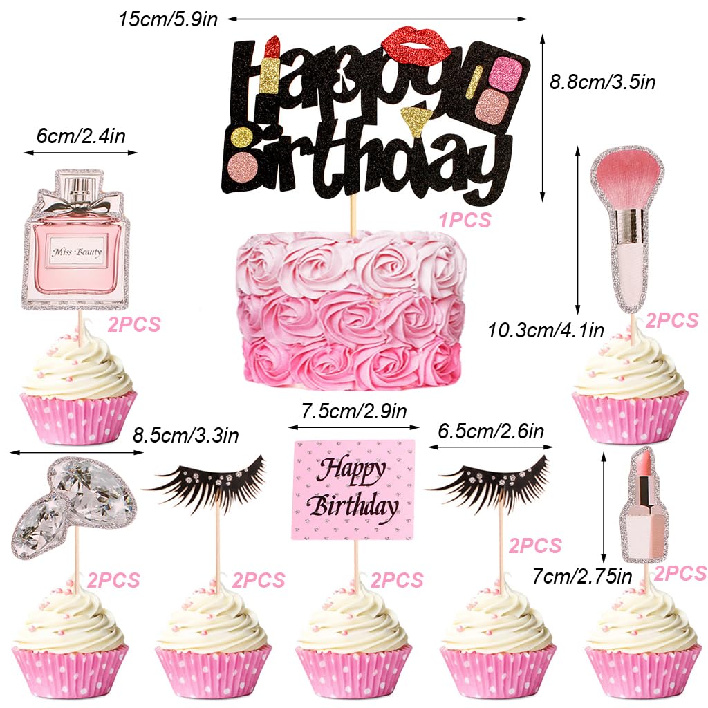Weenkeey 15 PCS Makeup Cupcake Toppers Cosmetics Theme Happy Birthday Cake Toppers Lipstick Eyelashes Makeup Brushes Diamond Perfume Bottle Cake Picks for Bridal Shower Girls Birthday Party