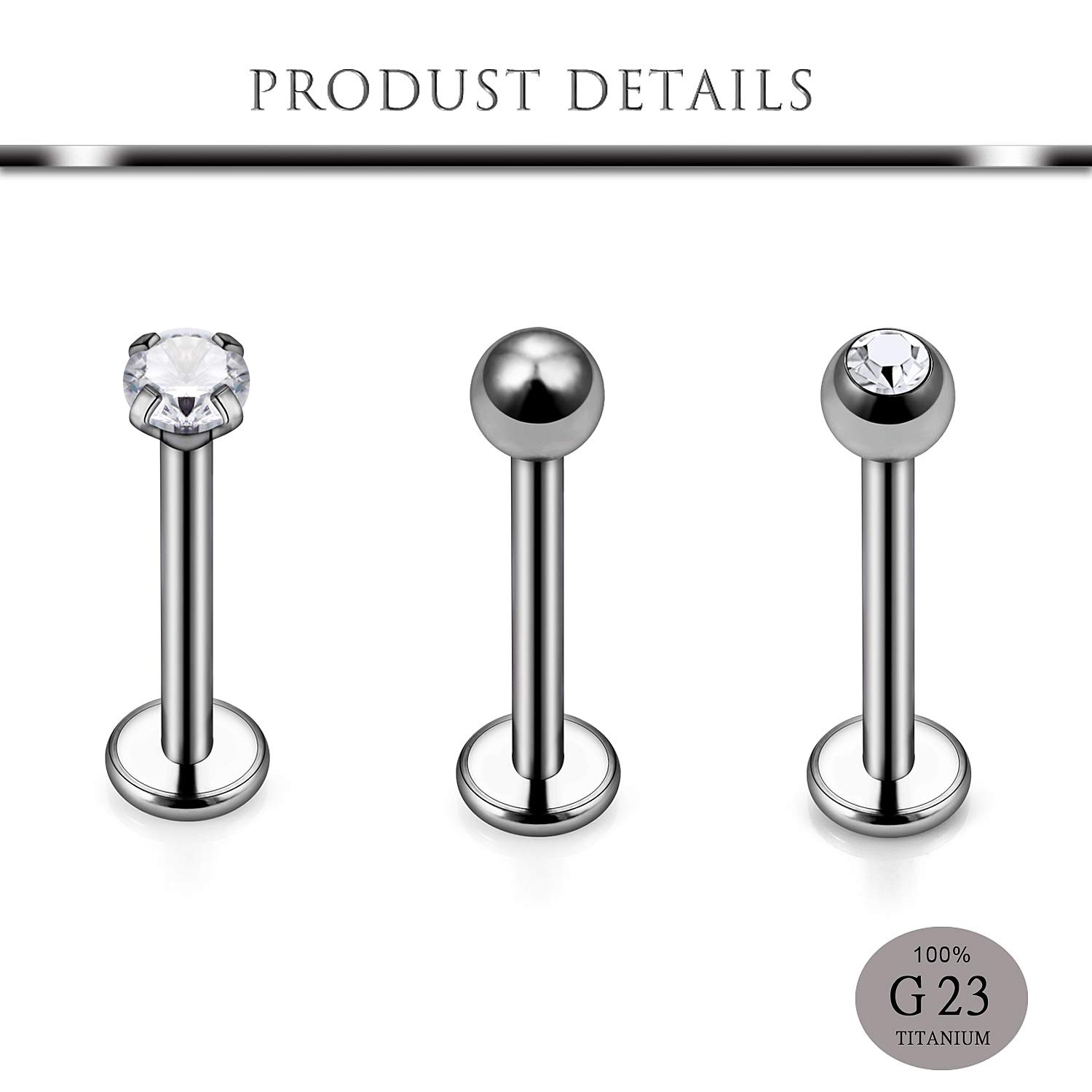 Hoeudjo 16G Solid Grade 23 (G23) Titanium Labret Monroe Lip Ring Tragus/Helix/Cartilage Earring Stud Barbell Body Piercing Jewelry for Women Men CZ Inlaid 8mm 5/16 inch