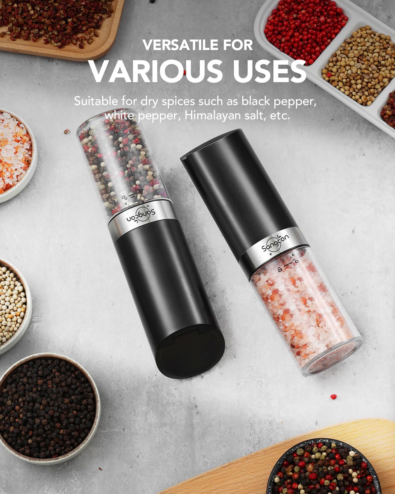 Sangcon Gravity Electric Salt and Pepper Grinder Set, Battery Salt and Pepper Mill Set with Dust Cover, 8 Oz Large Capacity Automatic Pepper Shaker with Light,Adjustable Coarseness, 2 Pack (Black)