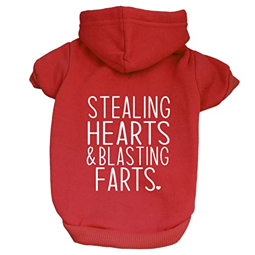 Stealing Hearts & Blasting Farts Valentine's Day Pullover Fleece Lined Dog Hoodie with Leash Hole (Red Hooded Sweatshirt)