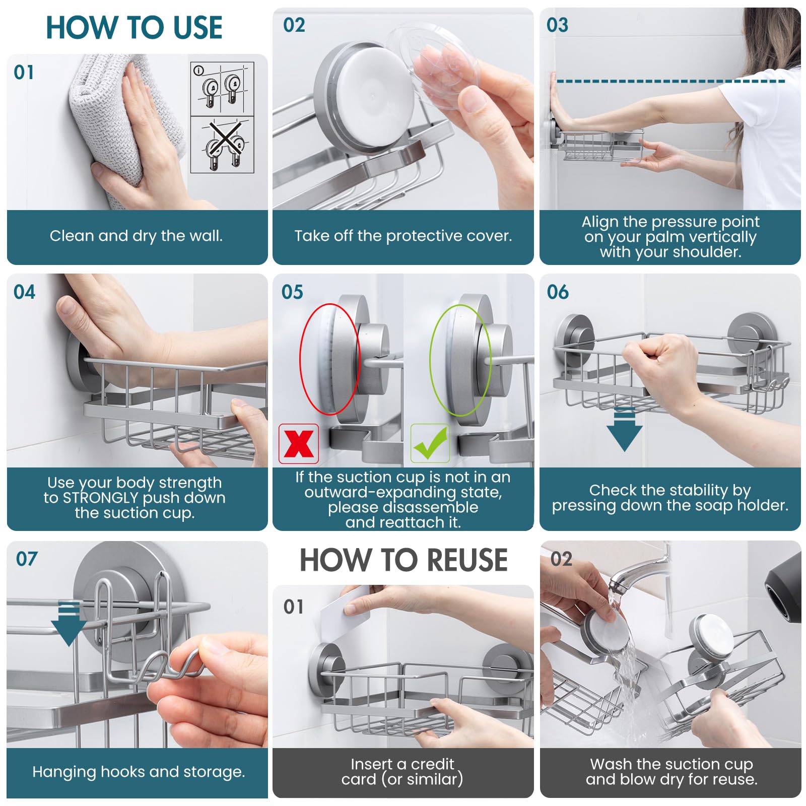 TAILI Heavy Duty Suction Cup Shower Caddy 2 Pack, Removable Rustproof Stainless Steel Shower Rack, Drill-Free Shower Shelf with Hooks, Wall Mounted Basket Organizer for Bathroom, Grey