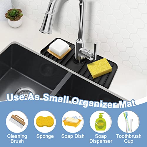 Silicone Faucet Handle Drip Catcher Tray, 2 Pack Silicone Faucet Mat for Kitchen Sink, Sink Splash Guard Behind Faucet, Faucet Drip Catcher to Keep Kitchen Clean and Dry 14.6''x5.4'' (Black)