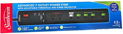 pot (Pack 5) Sunbeam Advance 7 Outlet Power Strip, 15A Power Strips with Surge Protection Cord, Power Outlet Extender with Adjustable Threshold
