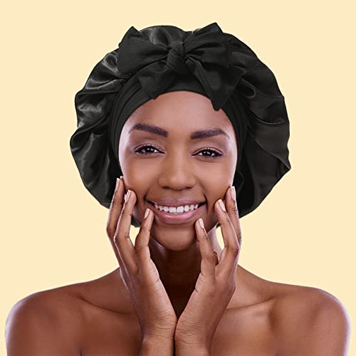 Satin Bonnet for Women Hair Bonnet for Sleeping Large Double Layer Silk Sleep Cap with Wide Elastic Band Hair Cap for Sleeping with 45PCS Waterproof Disposable Shower Caps (Black)