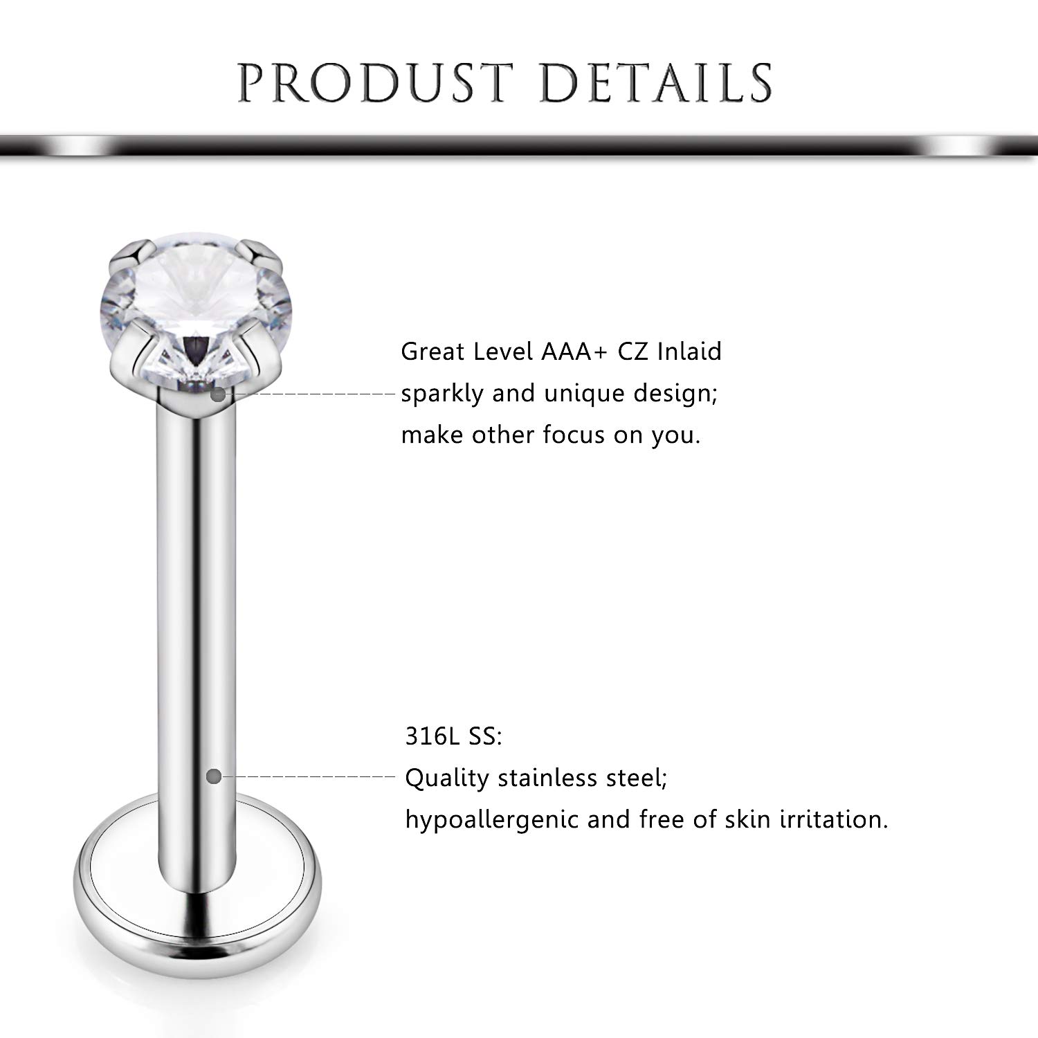 Hoeudjo Mix Color CZ Internally Threaded 14G Monroe Lip Ring Labret Stud Tragus Nail Forward Helix Earring Stud Piercing Jewelry for Women Men 10mm 3 8 inch Silver-Tone Rose Gold Black Flat Back