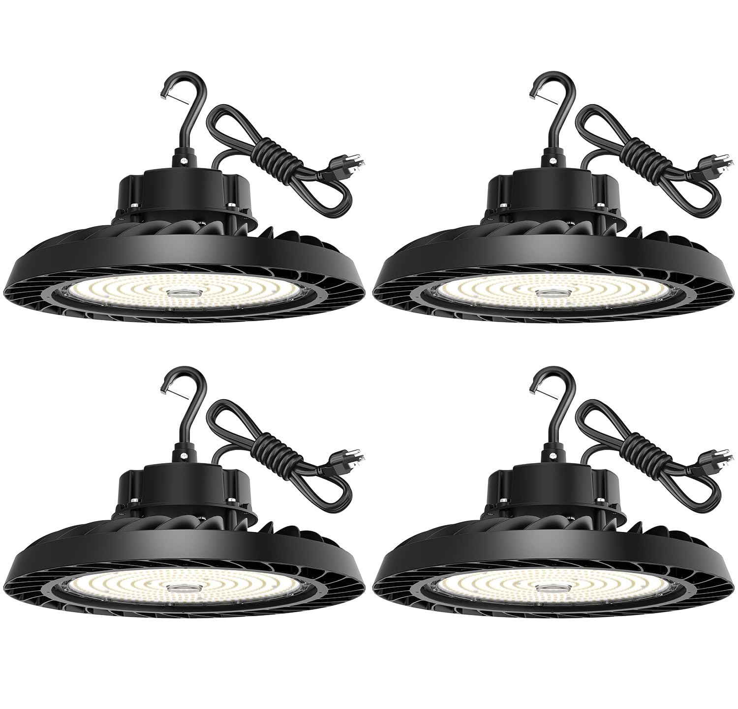 UFO LED High Bay Light 200W 4 Pack, High Bay LED Light 30,000LM (150LM/W) 1-10V Dimmable, 5' Cable with Plug, Hanging Hook, Safe Rope, ETL Listed High Bay Light for Factory Warehouse Workshop
