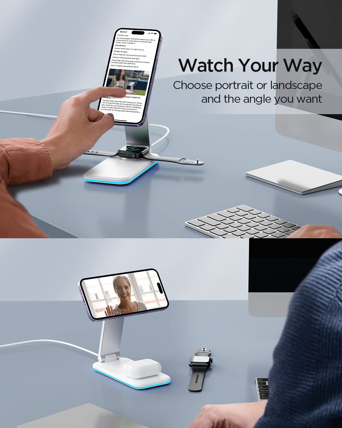 Magnetic Charging Station,Hohosb 3 in 1 Foldable Wireless Charger Stand[Compatible with Magsafe Charger] for iPhone 14/13/12 Series, AirPods Pro/3/2,Apple Watch/iWatch(18W Adapter Included)-White
