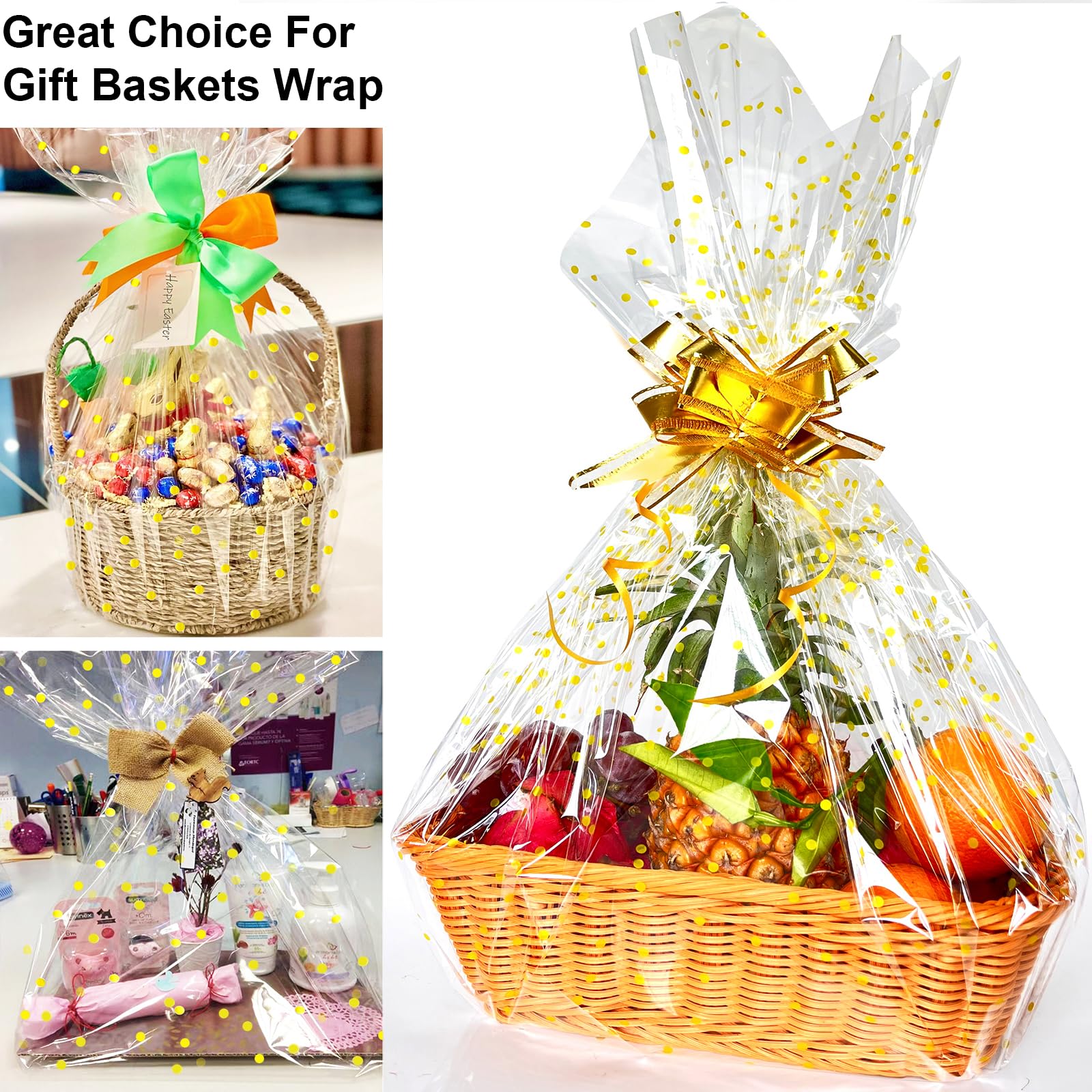 SYOGUA 100ft X 34in Extra Wide Clear Cellophane Wrap with Gold Polka Dots, Transparent Thicker Clear Cellophane Wrapping Paper, Clear Gift Wrap Cellophane Roll for Baskets, Treats, Holiday, Christmas Gifts