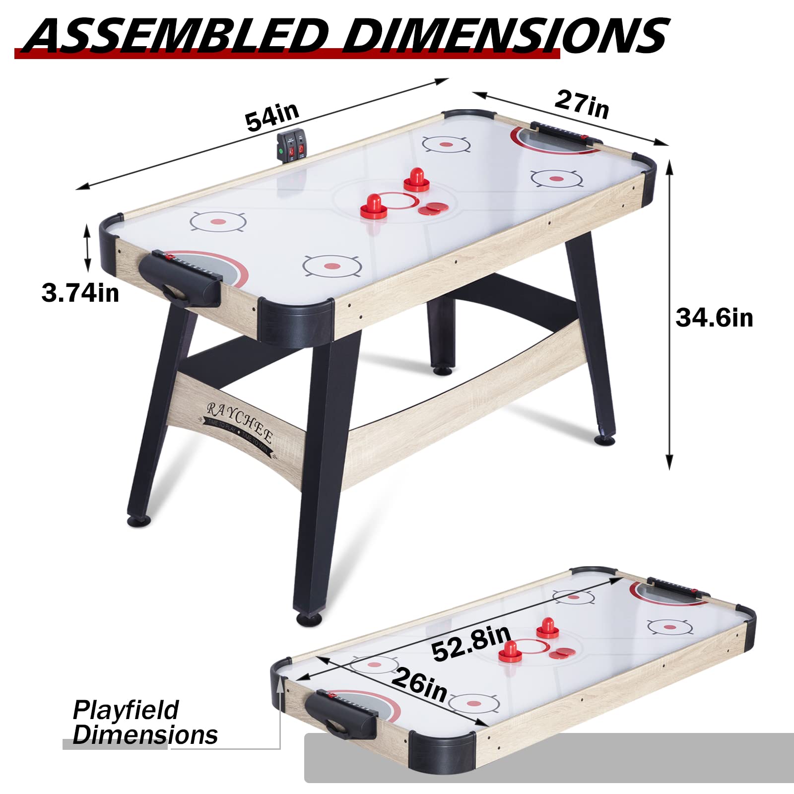RayChee 54” Air Hockey Table, Indoor Powered Hockey Game Table w/2 Pucks, 2 Pushers, Digital LED Scoreboard, Powerful 12V Motor for Adults and Kids, Home Game Room, Easy Assembly