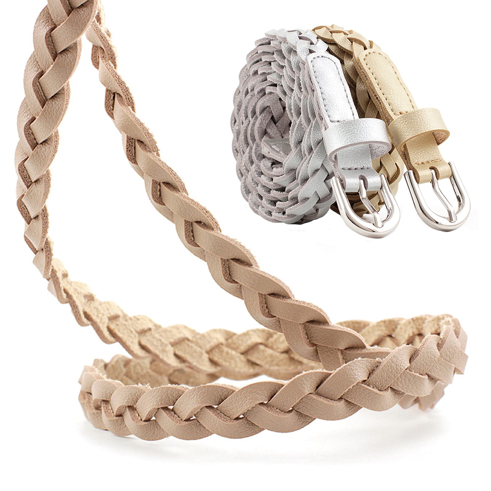 LARATH Women's Braided Leather Thin Belt Skinny Woven Waist Belts with Metal Buckle