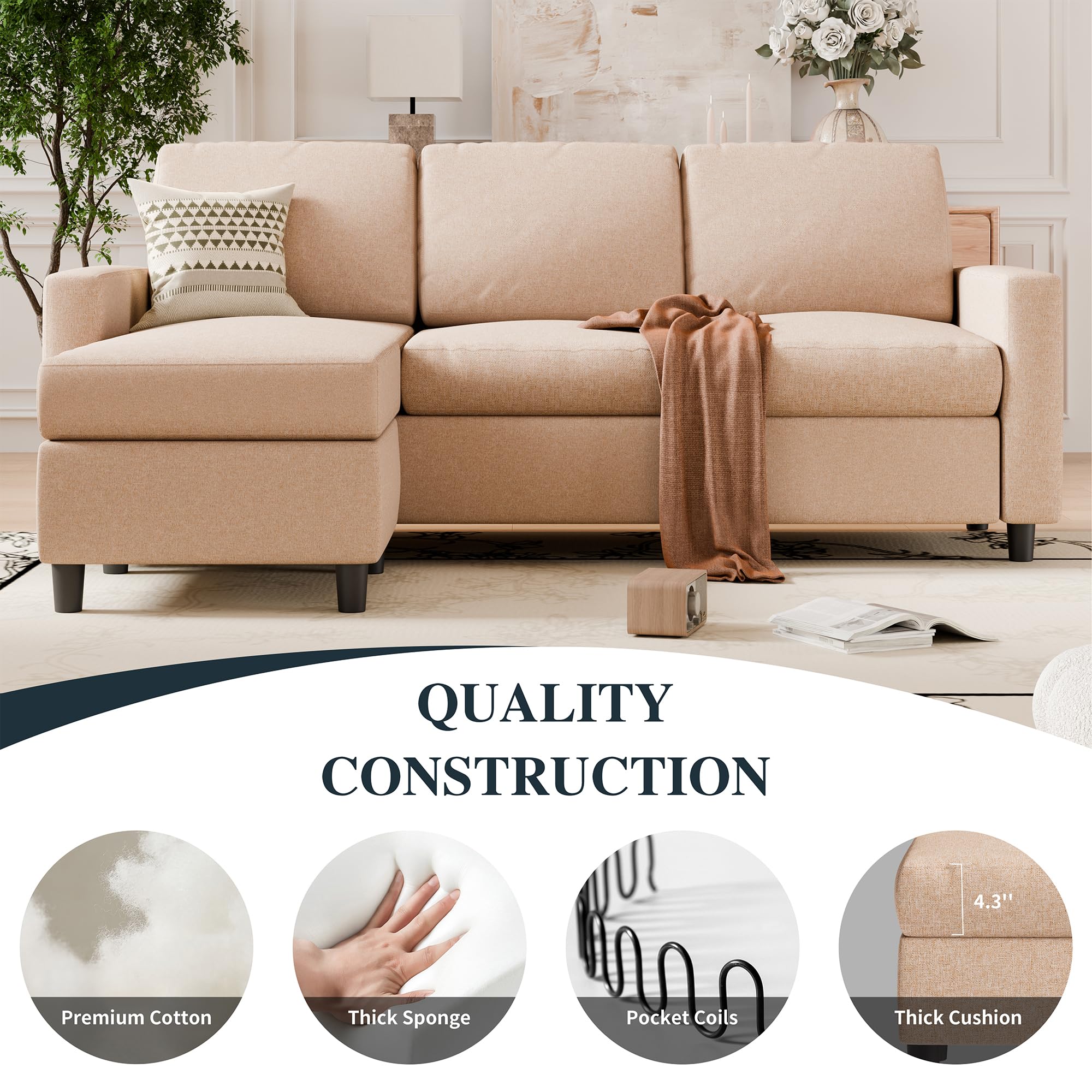SUNLEI L-Shaped Couch Sofa for Living Room, Convertible Sectional Sofa with Reversible Chaise Modern Linen Fabric, Sectional Sofa Couch for Small Space(Beige