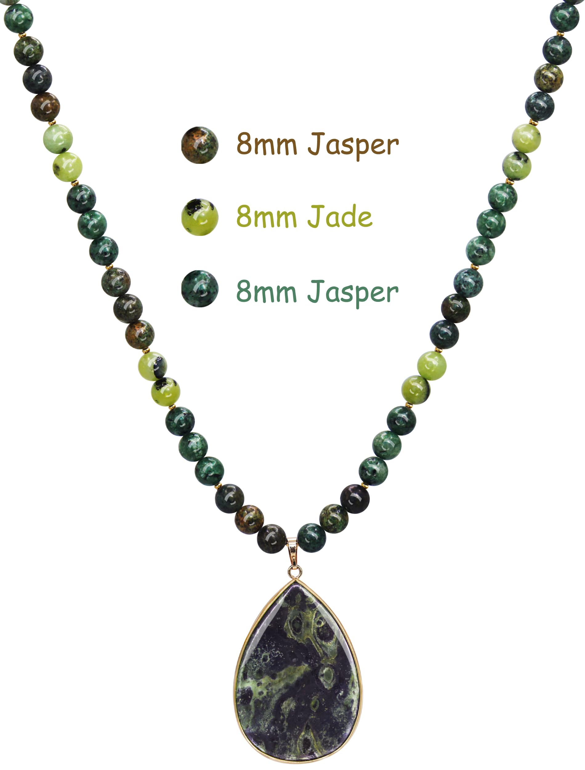 PEARLFECT Long Pendant Necklaces for Women/Men Trendy, 8MM Womens Beaded Jasper Necklaces,32 Inch Green Stone Bead BOHO Necklace Jewelry,Chunky Statement Necklace, Gemstone, Jasper