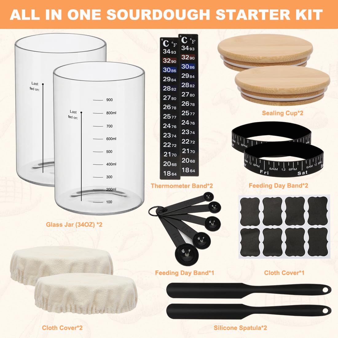 UHAPEER 2 Pack Sourdough Starter Kit, 34Oz Glass Jar Sourdough Starter Jar Kit with Thermometer, Feeding Date Band, Cloth Cover, Spatulas, Measuring Spoon, Reusable Baking Supplies for Beginners