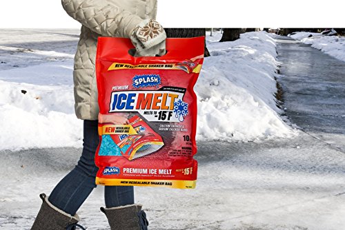 SPLASH Premium ice melt resealable Shaker Bag, melts to -15F, 10lb, snow & ice salt, concrete safe, good for driveways, sidewalks, etc.