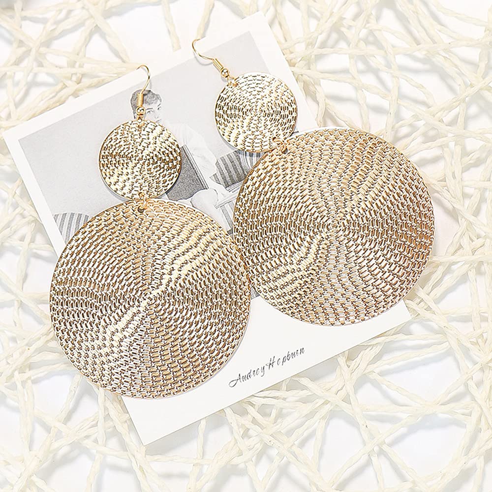 Large Double Circles Round Dangle Drop Earrings Geometric Statement Handmade Bohemian Dangling Earring Hook Studs Fashion Jewelry for Women Girls Yellow Gold (Yellow Gold)