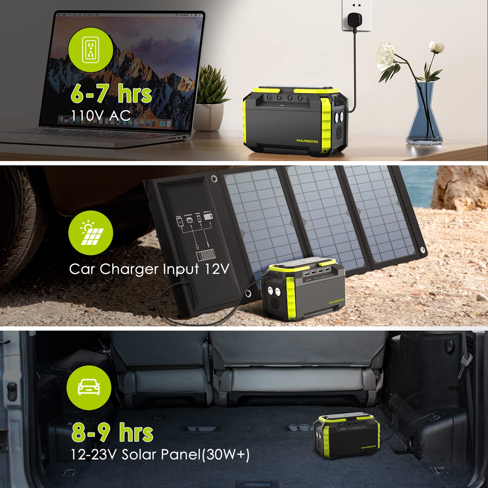 MARBERO Solar Generator 150W Peak Portable Power Station 150Wh with 100W Solar Panel Included with DC, AC, USB A, USB C, Flashlights for Camping, Home, Outdoor, Office, School, Emergency