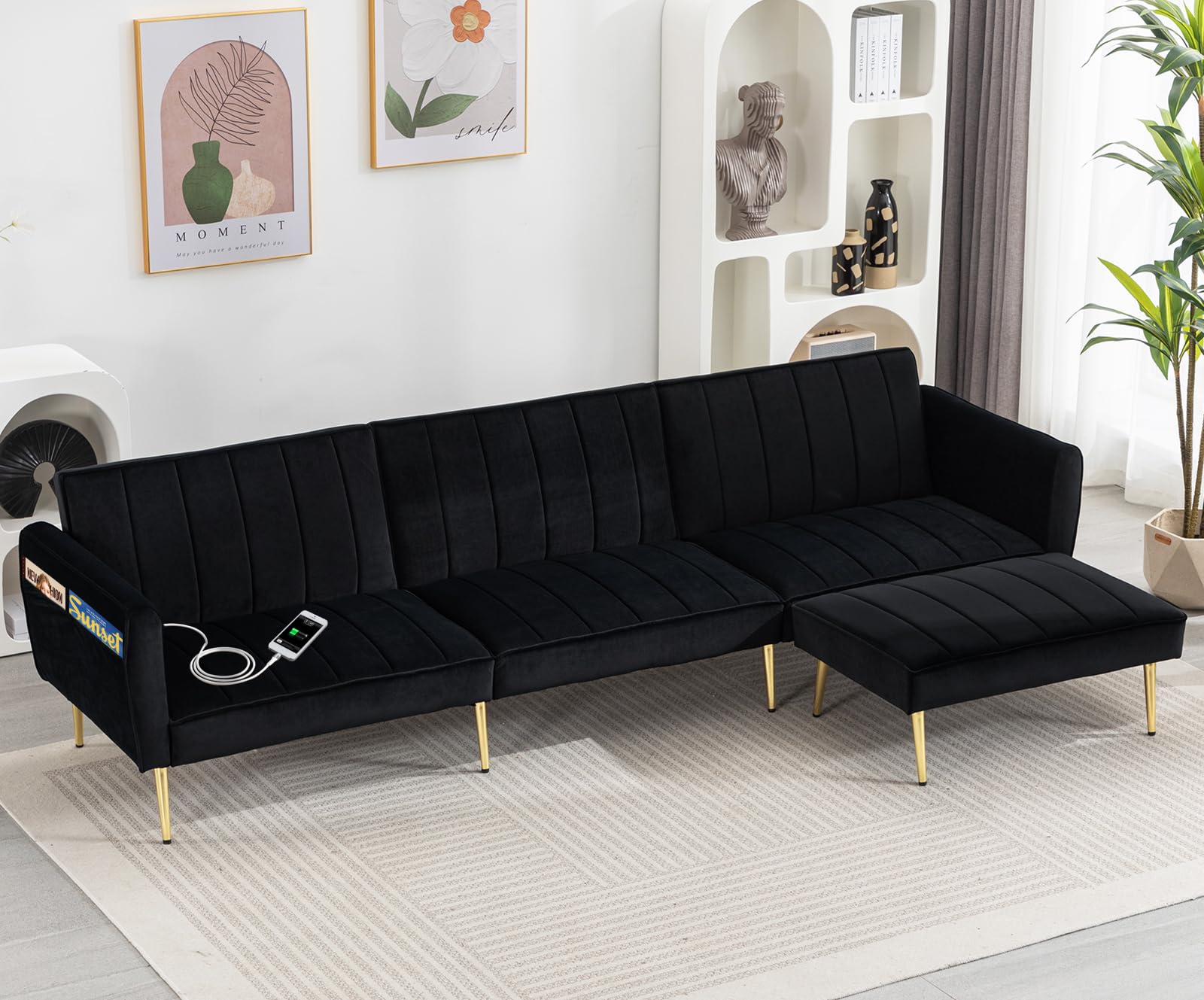 TTGIEET 105" Velvet Sofa Couch with Chaise, L Shape Futon Sofa Couch with USB, 4-Seat Sleeper Sofa Bed for Living Room (Black)