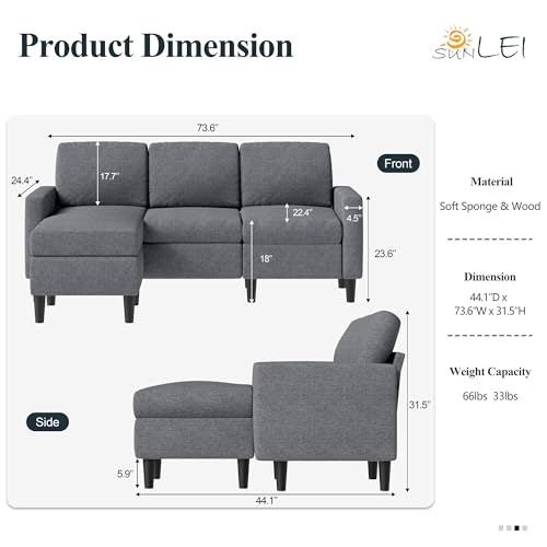 SUNLEI Sectional Sofa Couches for Living Room, L Shaped Couch with Reversible Chaise, Modern Linen Convertible Sectional Sofa for Small Space as Apartment, Grey