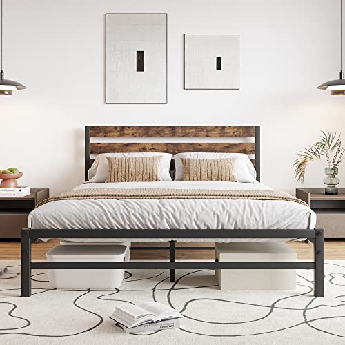 SYING88 Queen Size Platform Bed Frame with Rustic Vintage Wood Headboard, Strong Metal Slats Support Mattress Foundation, No Box Spring Needed (Brown)