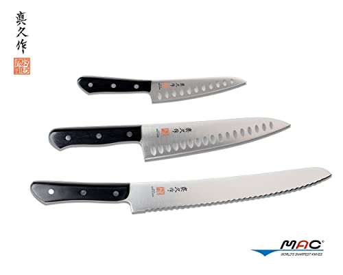 MAC Knife Chef series 3-piece starter knife set CHEF-32, TH-80 Chef series 8" dimpled Chef's knife, TH-50 Chef series 5" dimpled Paring knife, SB-105 Superior series 10.5" Bread knife, made in Japan