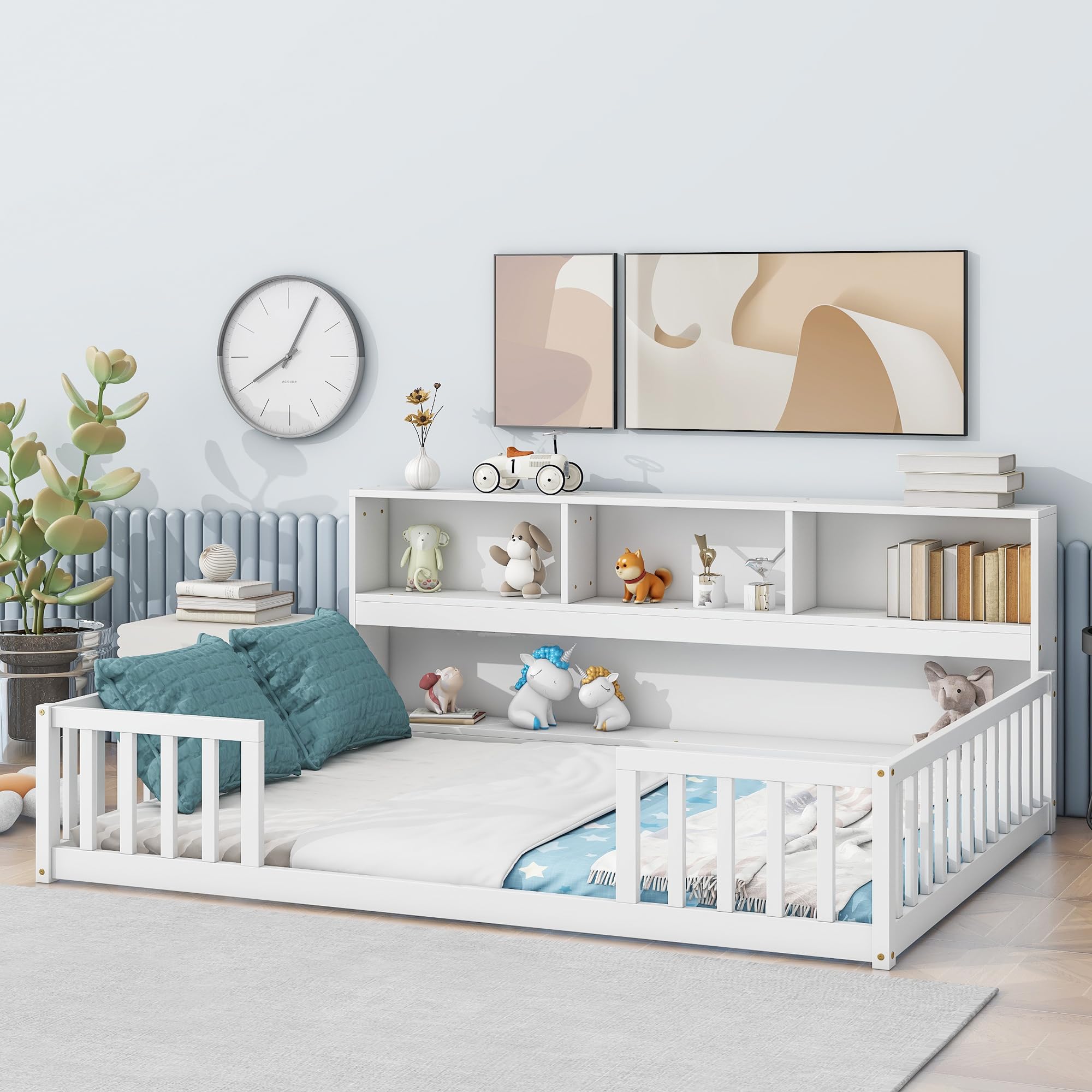 SOFTSEA Full Size Floor Bed with Bedside Bookcase and Storage Shelves, Solid Wood Floor Bed Frame with Guardrails for Boys and Girls Bedroom, Easy Assembly, White