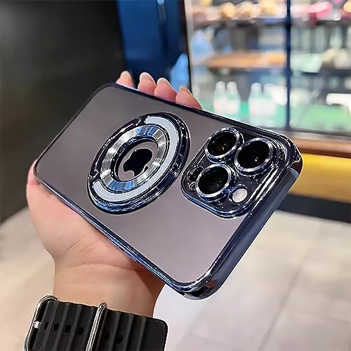 Uioeua Compatible with iPhone 14 Pro Max Magnetic Clear Kickstand Case,Luxury Plating Transparent Bracket MagSafe Case with Full Camera Lens Protector for iPhone 14 Pro Max-Sky Blue