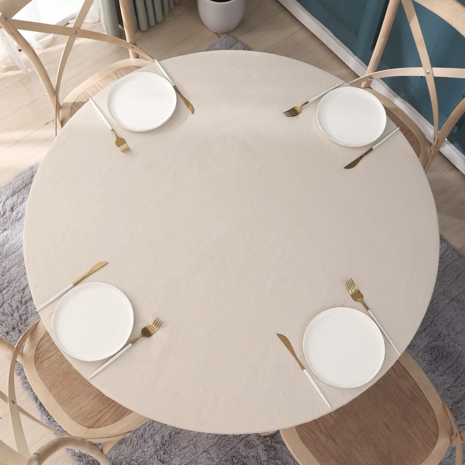 Round Fitted Vinyl Tablecloth with Elastic Edge Flannel Backed Waterproof Oil-Proof Table Cover Stain-Resistant PVC Table Cloth for Round Table (Beige, Large Round Fits Table up 45"-56" Diameter)