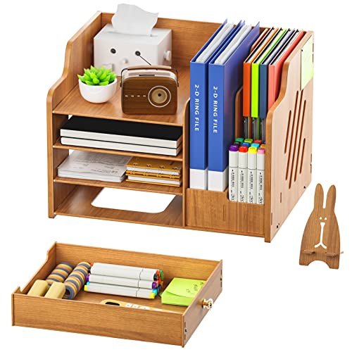 Marbrasse Mesh Desk Organizer with File Holder + Wooden Paper Letter Tray Organizer with Drawer and Pen Holder