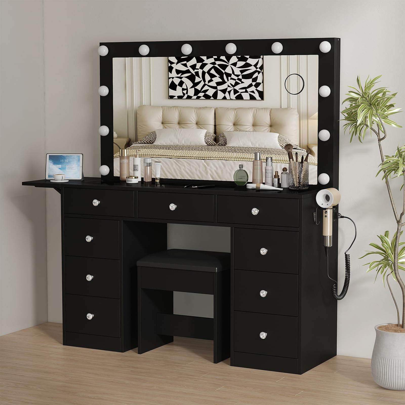 Vanity Desk with Power Outlet, Makeup Vanity with Lighted Mirror, 3 Lighting Modes Adjustable, 9 Drawers Vanity Set with Fold-up Panel, Glass Top, Vanity Table with Chair for Bedroom, White