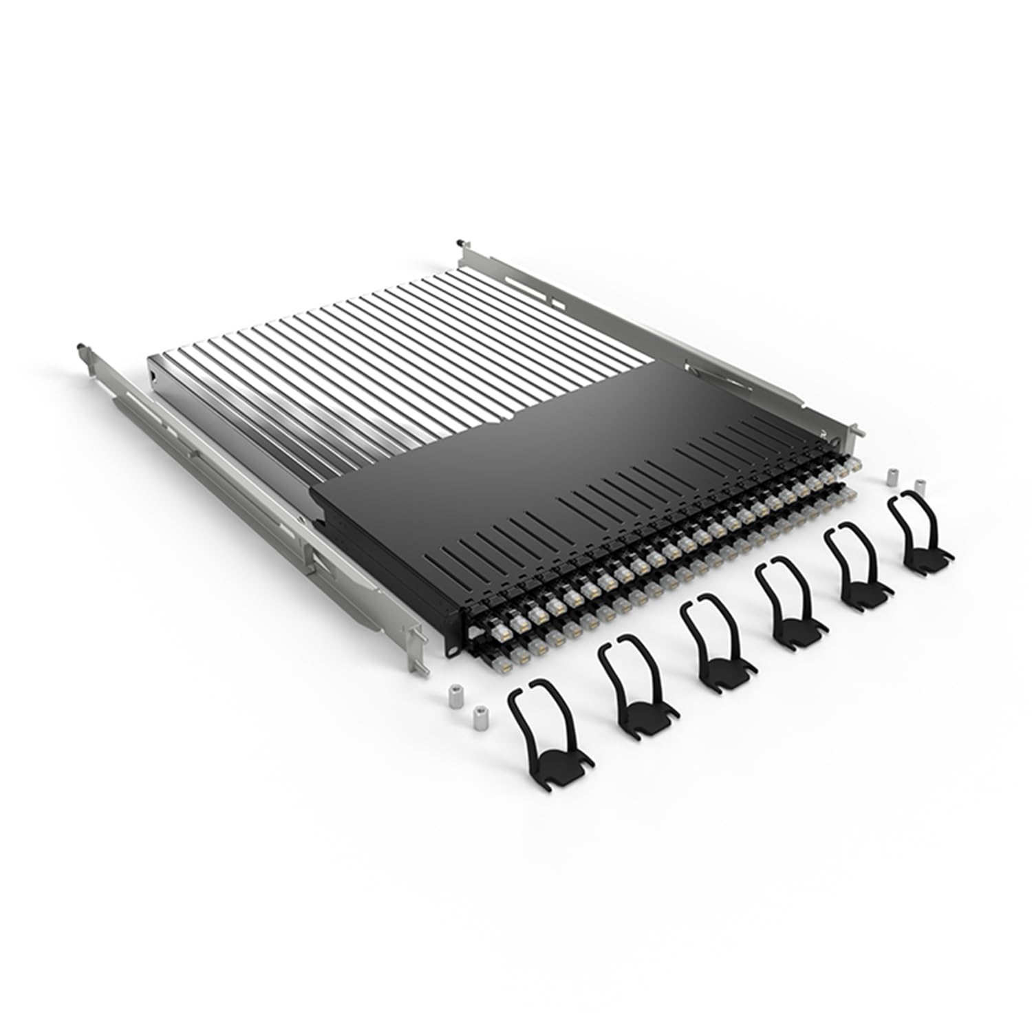 PATCHBOX® Plus+ Cat.6a - Patch Panel 24 Port Cable Management Kit for Network and Server Racks with Retractable Cable System for 19” Rails - Includes Flat 10GB Black STP Cables and Cassettes