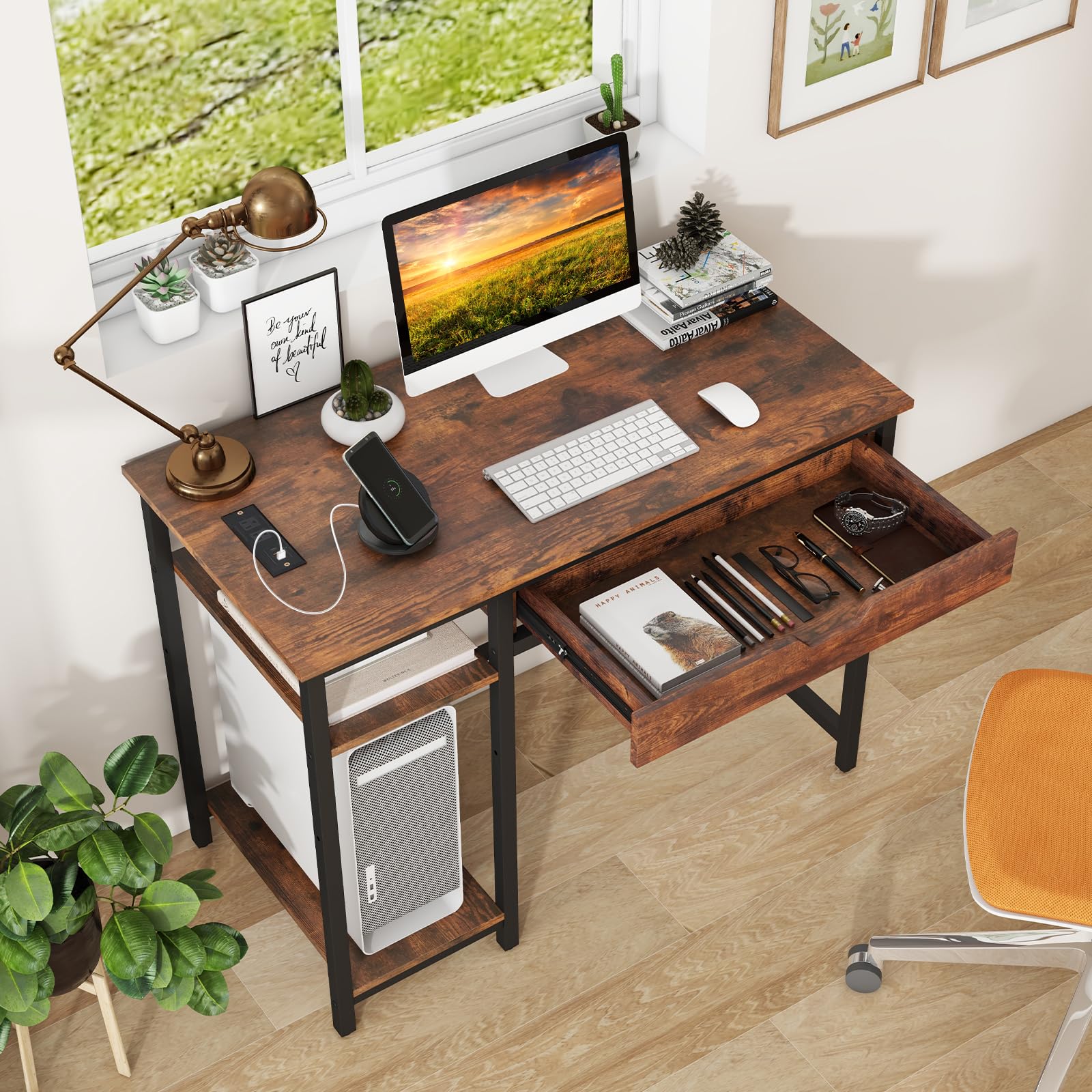 Tangkula Computer Desk with Charging Station, 40β Industrial Home Office Desk with Drawer & Adjustable Shelf, Compact Computer Workstation with CPU Stand & Headphone Hooks, Study Writing Desk