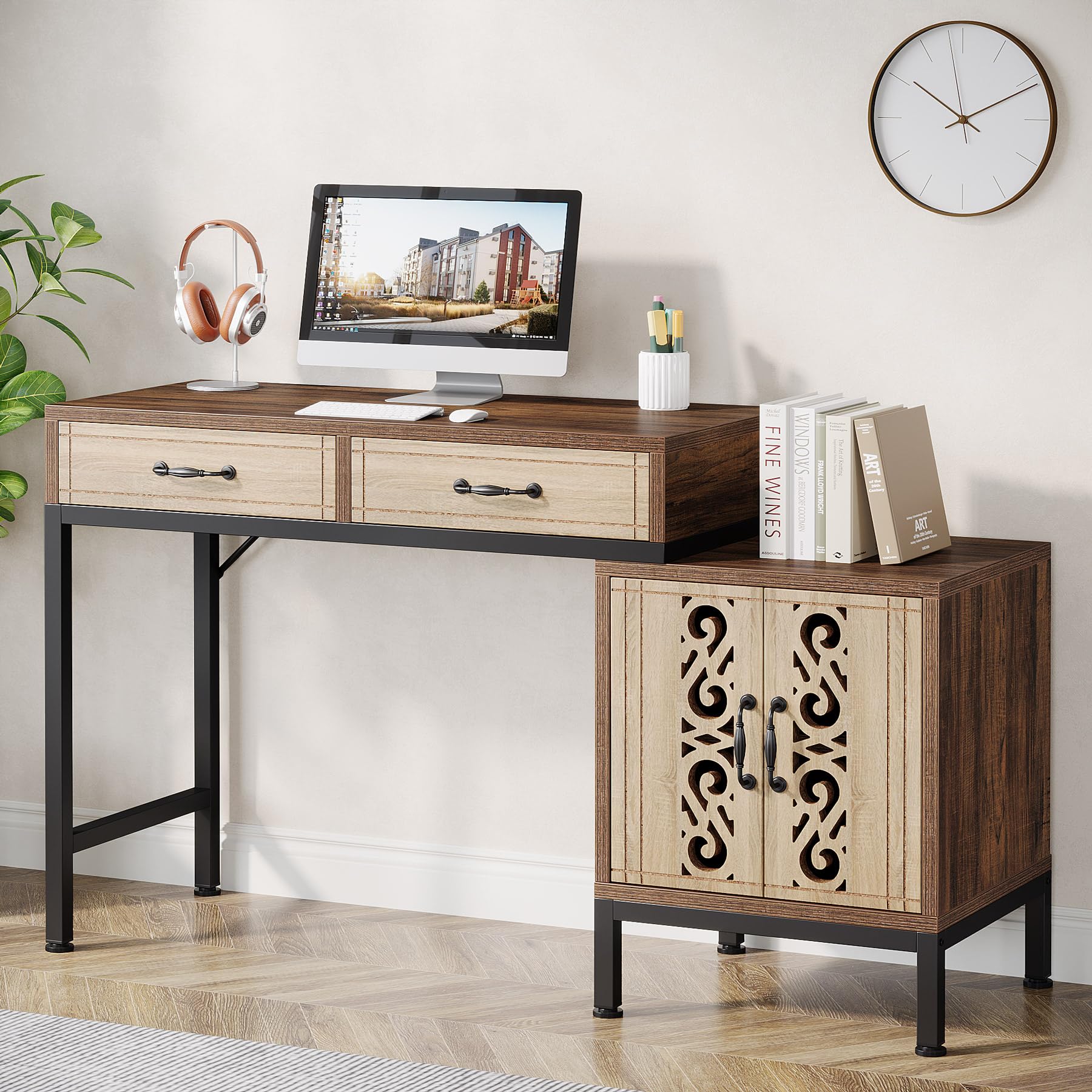 Tribesigns 55-Inch Computer Desk with Drawers, Home Office Desk with Storage Cabinet and Printer Space, Reversible Computer Desk Workstation for Home Office, Bedroom, Wood and Brown