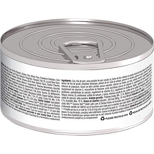 Hill's Science Diet Light, Adult 1-6, Weight Management Support, Wet Cat Food, Liver & Chicken Minced, 5.5 oz Can, Case of 24