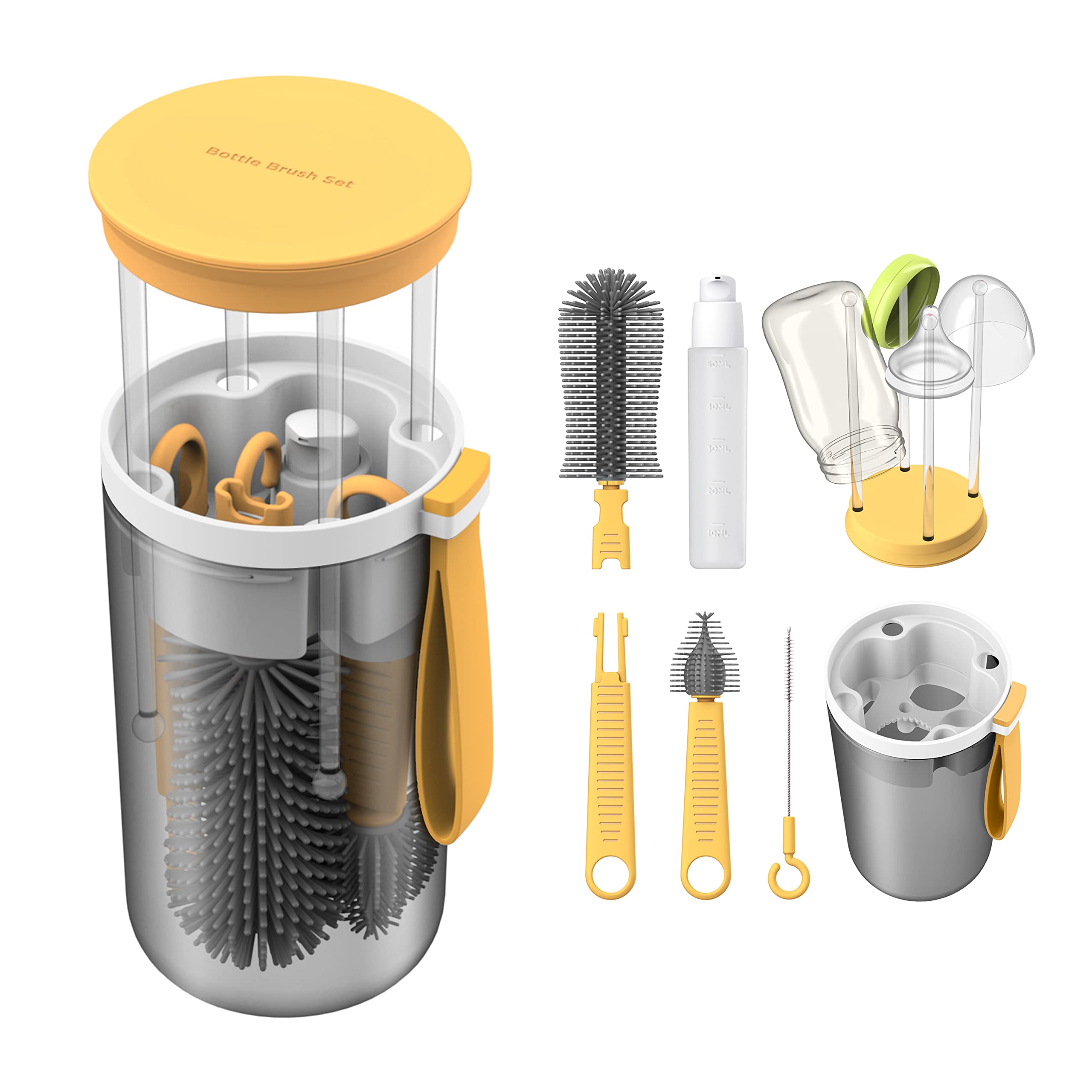 TechoEcho Travel Baby Bottle Brush Set with Extendable Liquid Silicone Bottle Brush,Nipple Brush,Built-in Bottle Drying Rack,Straw Cleaner Brush,Baby Bottle Soap Dispenser,Bottle Warmer(Yellow&Blue)