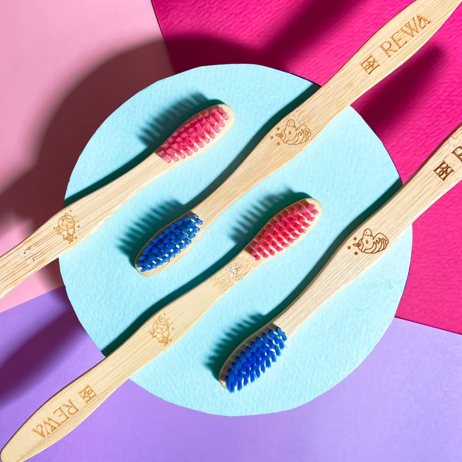 Rewa Kids Kawaii Unicorn l Children Bamboo Toothbrushes l Organic Compostable Natural Ayurvedic l Pack-4 l Soft Bristles BPA Free Pink (Sassy) & Blue (Shiny).