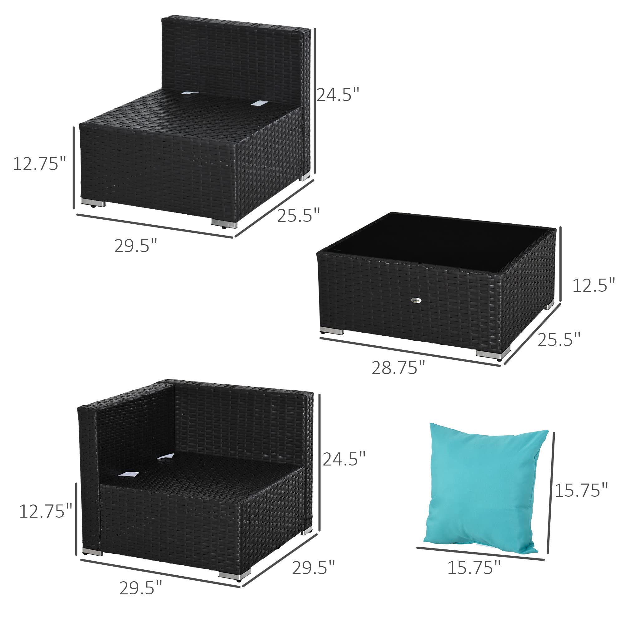 Outsunny 7-Piece Patio Furniture Sets Outdoor Wicker Conversation Sets All Weather PE Rattan Sectional Sofa Set with Cushions & Tempered Glass Desktop, Turquoise