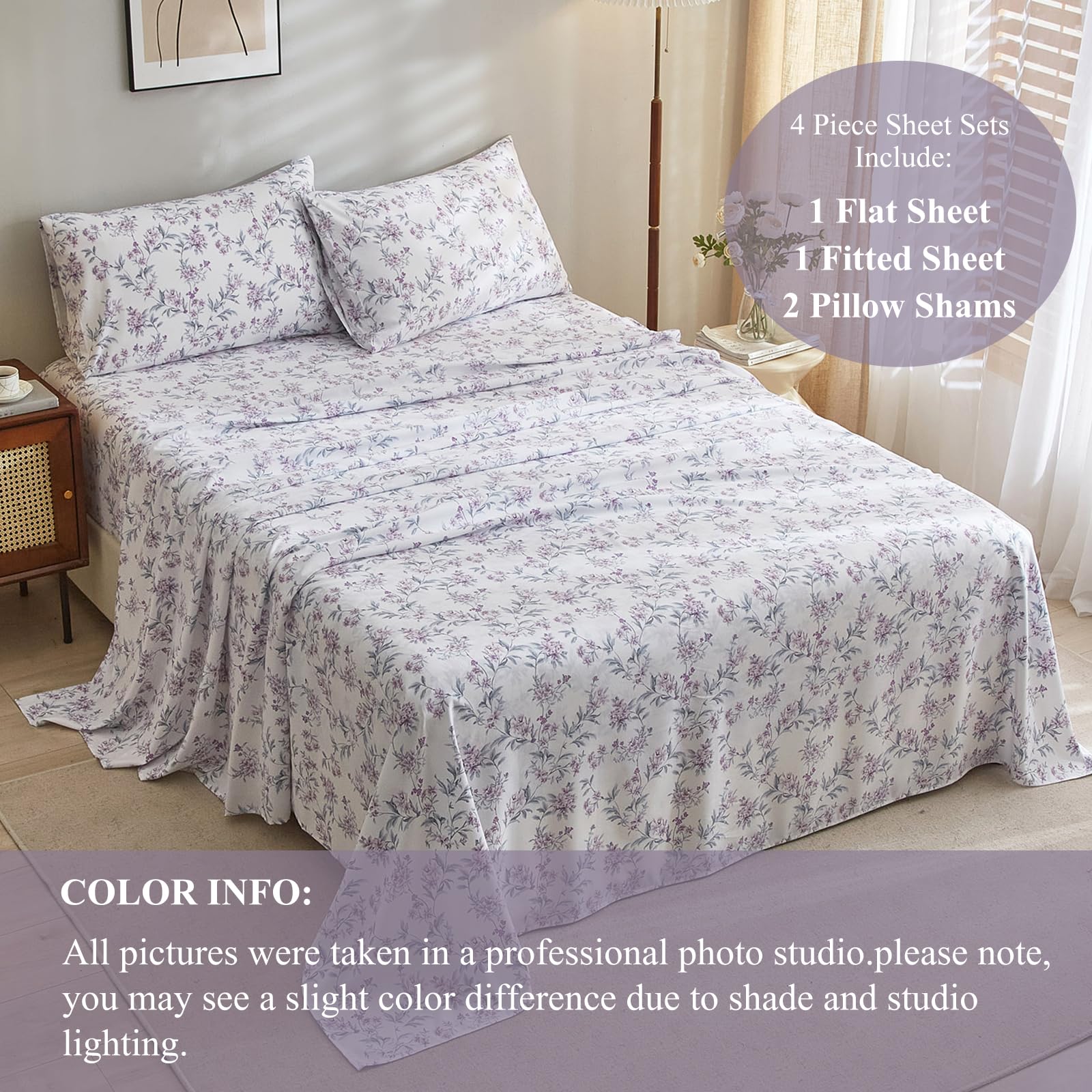 VClife Modern Girl Floral Printed Sheets Cooling Soft Washed Microfiber Pink Green Floral Branches King Size Bed Sheets 16" Extra Deep Pocket Design Bedding Sets - Shrink Resistant, Skin-Friendly