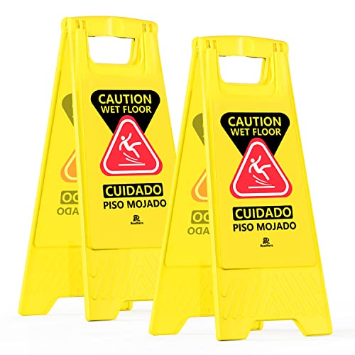 RoadHero 2 Pack Wet Floor Sign, 2-Sided Yellow Caution Signs, Bilingual Collapsible Warning Signs for Commercial Use 24"