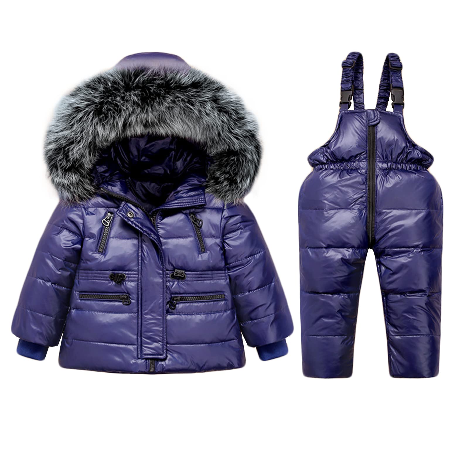 Kids Ski Suits 2-Piece Snowsuit Set Winter Hooded Puffer Jacket + Snow Bib Pants Ultralight Skisuit Set, Black 3-4 Years