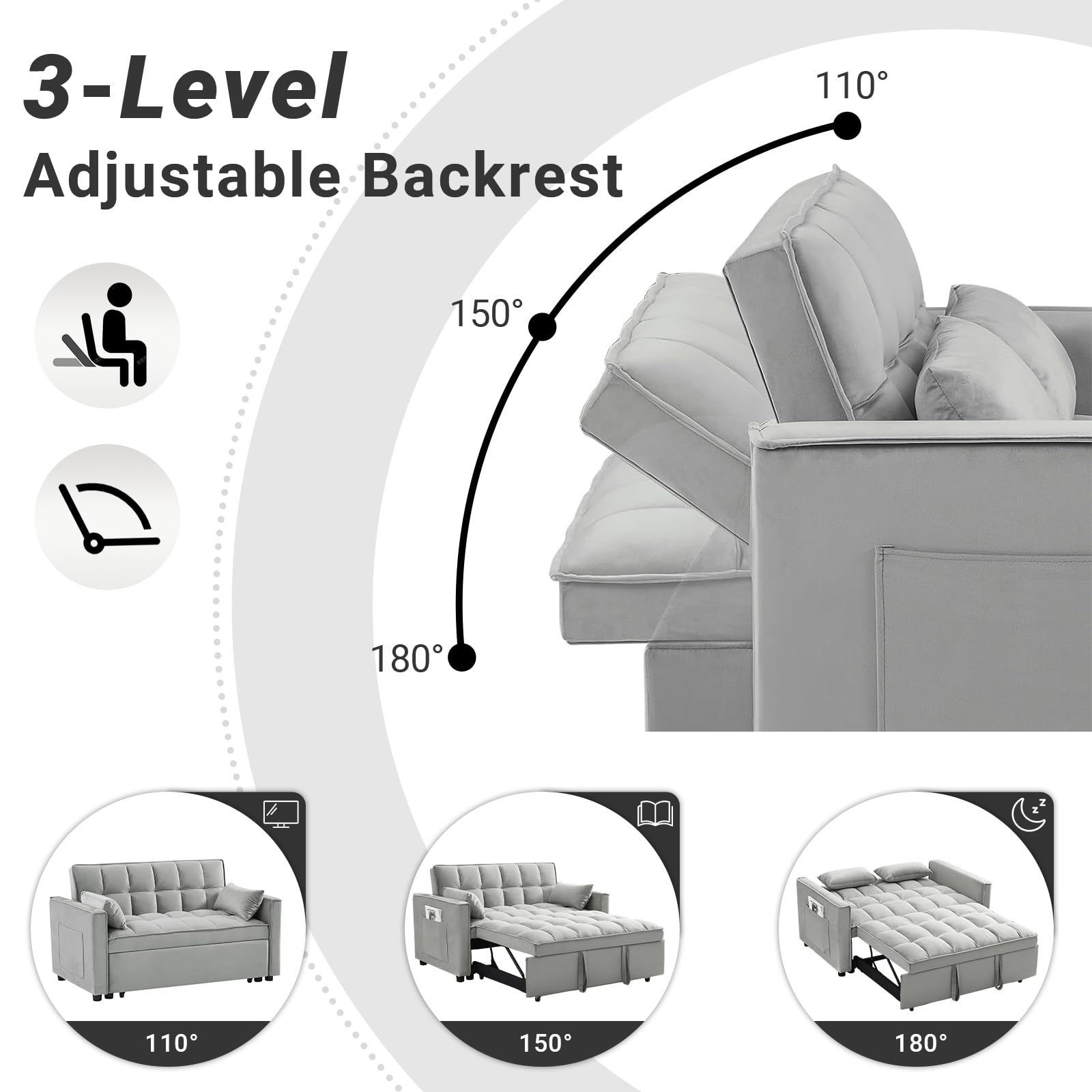 Skepphlay 3 in 1 Convertible Sofa Bed, Pull Out Couch with 3-Level Adjustable Backrest, Sleeper Loveseat Recliner with Storage and Pillows, Velvet Chaise Lounge for Living Room, Grey