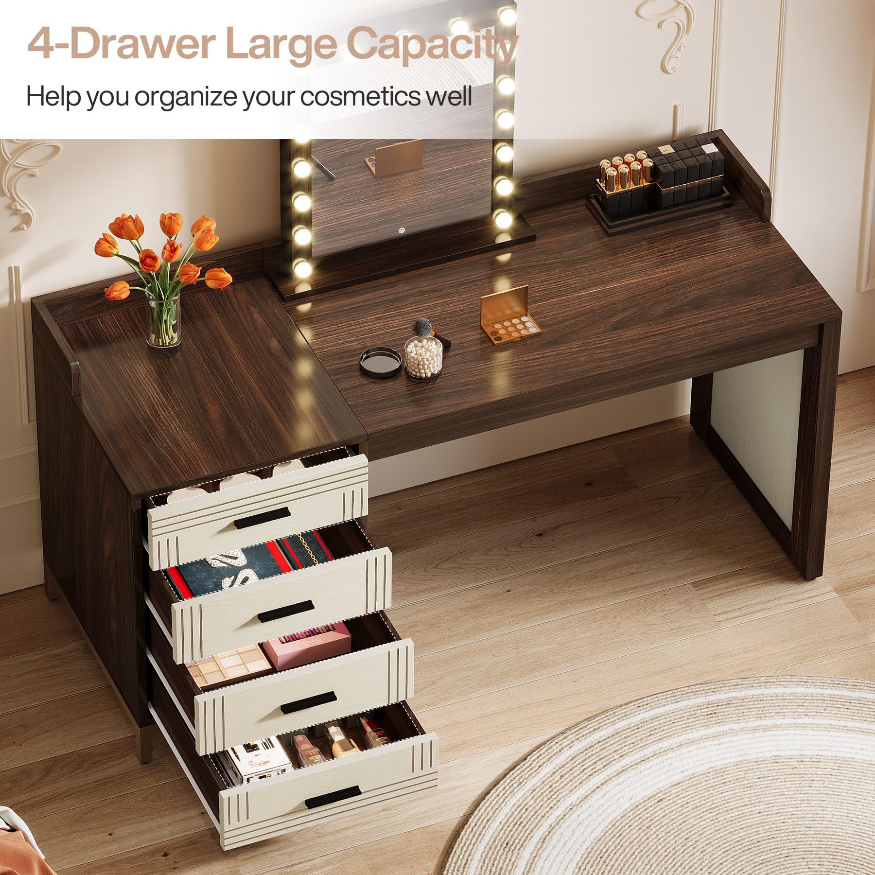 Tribesigns 61-Inch Vanity Desk with 4 Drawers, Mid-Century Modern Makeup Vanity Table, Wood Dressing Table for Bedroom, Brown & Beige (Table Only)