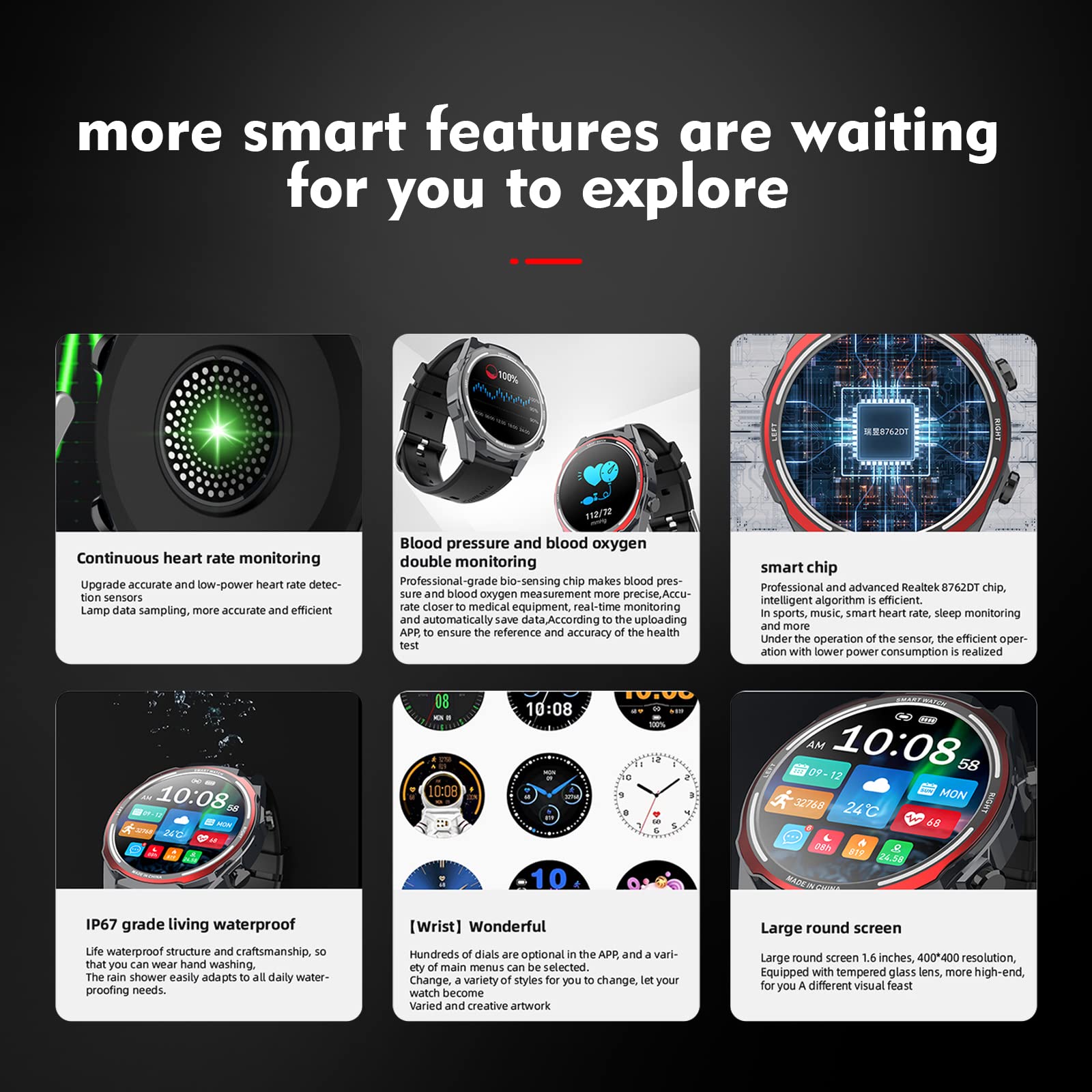 Smart Watch for Men, 1.6-inch Extra Large Screen 60 Days Standby Round Touch IP67 Waterproof Watch with Heart Rate Sleep Monitor Bluetooth Call Message Sports for Android iOS