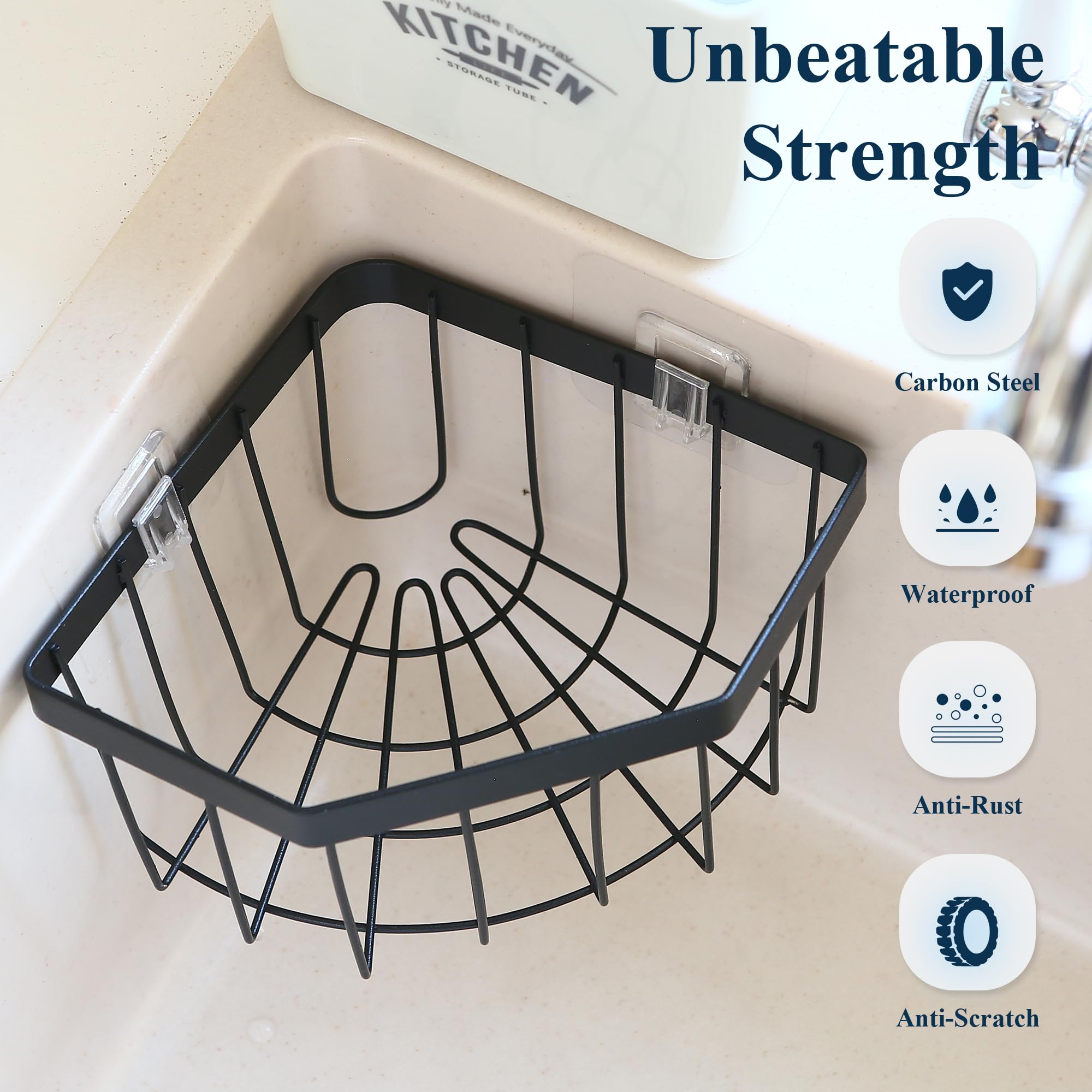 Sea Team Adhesive Corner Caddy, Sink Organizer, Soap, Drain Plug, Sponge Holder, Multifunctional Rustproof Carbon Steel Storage Basket, Wall Mounted Shelf Rack for Kitchen, Bathroom, Charcoal