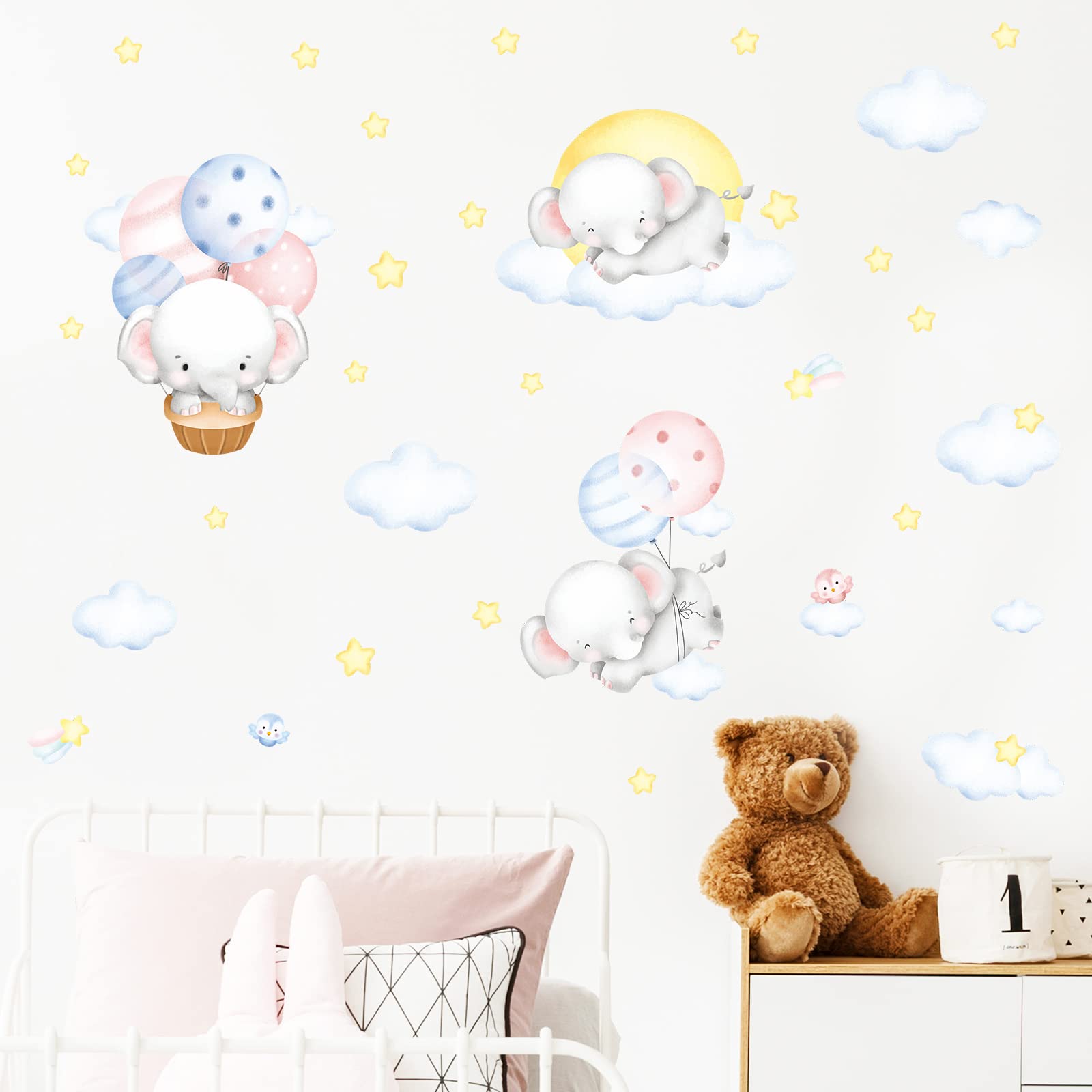 Tedy Bear Sleeping Wall Stickers Baby Decor for Nursery Balloon Cloud Star Wall Decals for Baby Bedroom Decoration