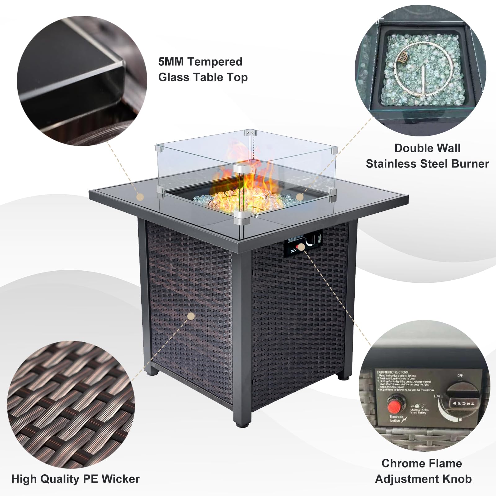 TINKLE WELL Patio Furniture Brown 28" Fire Pit Table, 8 Pieces Sectional Rattan Wicker Conversation Sofa Sets, Thick Cushions, for Yard, Garden, Poolside