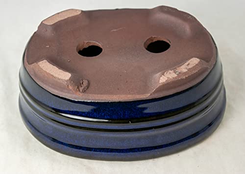 Oval Shohin Bonsai Pot, Cactus & Succulent Planter + Mesh 6"x 4.5"x 2.5" - Blue Stain Glazed