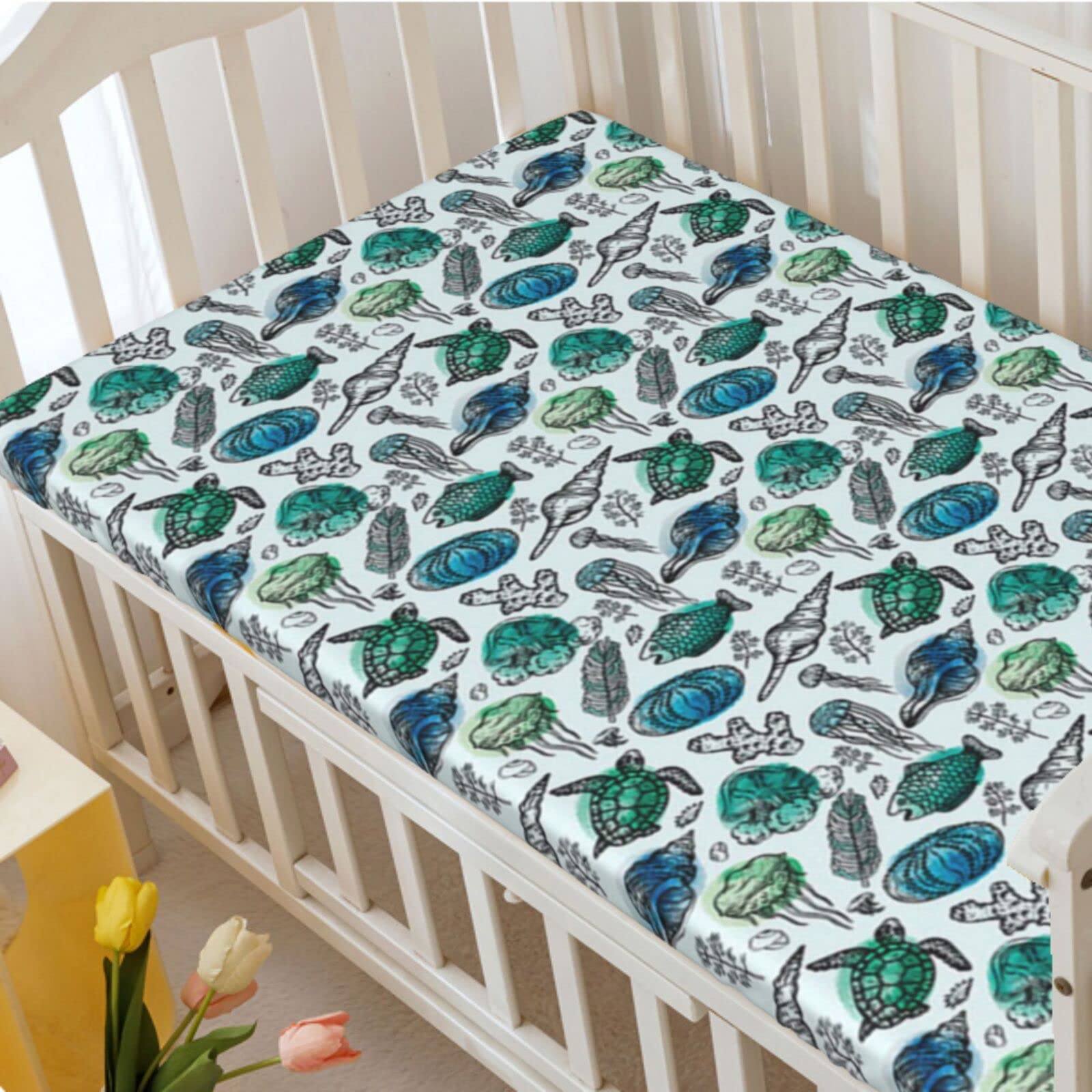 Sea Turtle Themed Fitted Crib Sheet,Standard Crib Mattress Fitted Sheet Soft Toddler Mattress Sheet Fitted-Crib Mattress Sheet or Toddler Bed Sheet,28β x52β,Baby Blue Black Multicolor