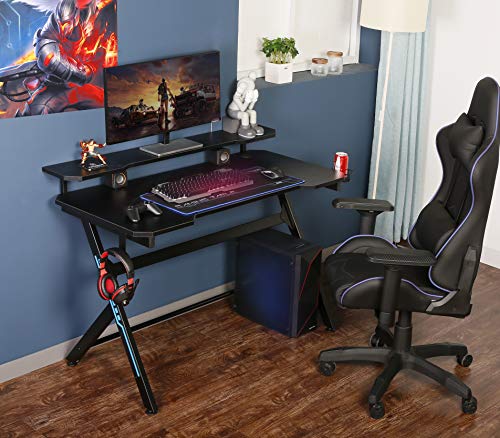 JJS 48" Home Office Gaming Computer Desk with Removable Monitor Stand, R Shaped Large Gamer Workstation PC Table with Cup Holder Headphone Hook Speaker Storage Free Mouse pad, Black