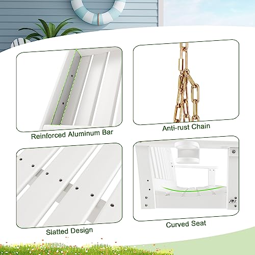 Tangkula 2 Person Hanging Porch Swing, Outdoor Bench Swing with Adjustable Chains, Hidden Cup Holders, HDPE Tree Swing Chair for Patio Backyard Deck Garden, 54 Inch (White)