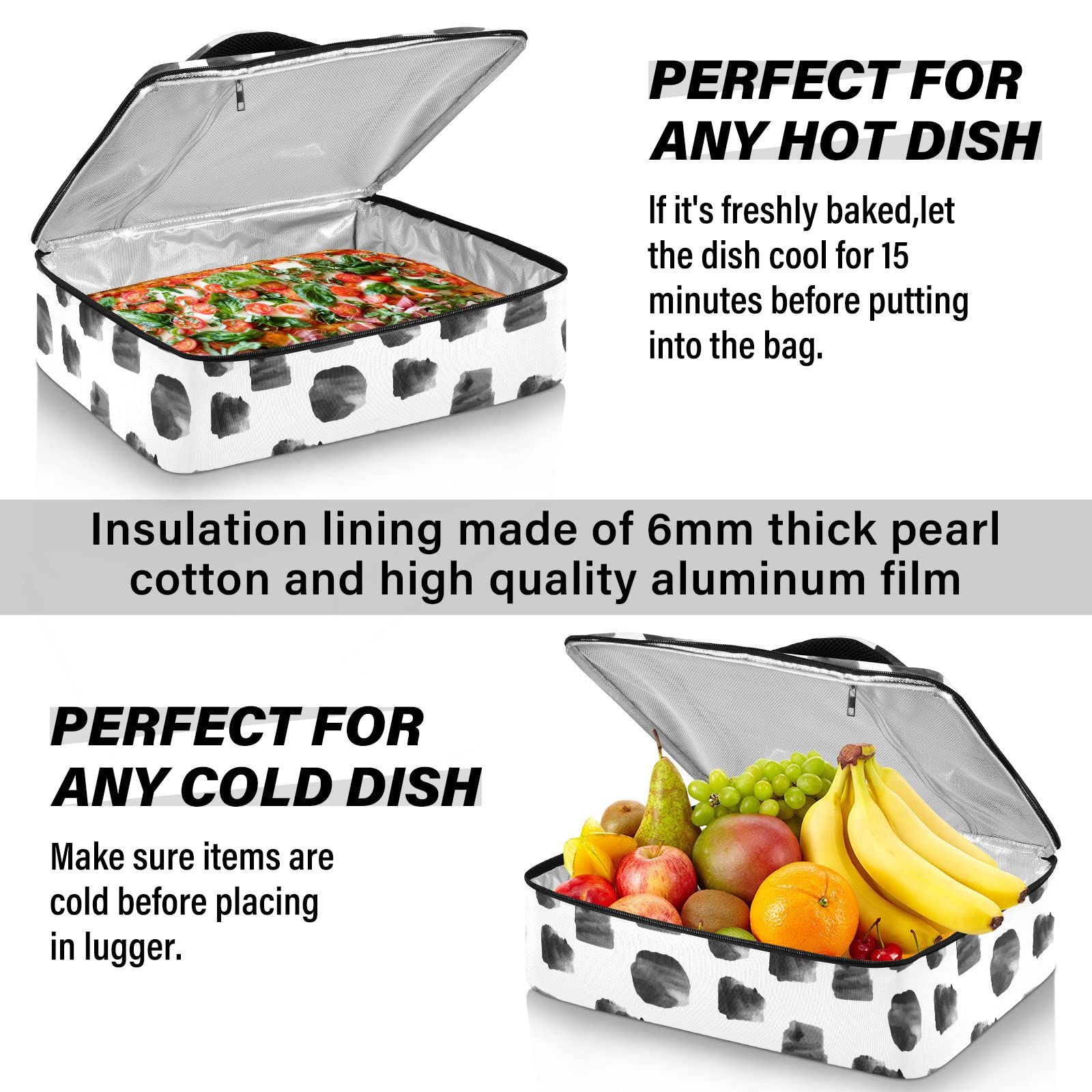 Seamless Black Ink Spots Hand Drawn Black Spots Stains on White Reusable Insulated Pizza Bag, Waterproof Food Delivery Bag, with Handle Lid Leakproof Pizza Holder Tote for Hot or Cold Food